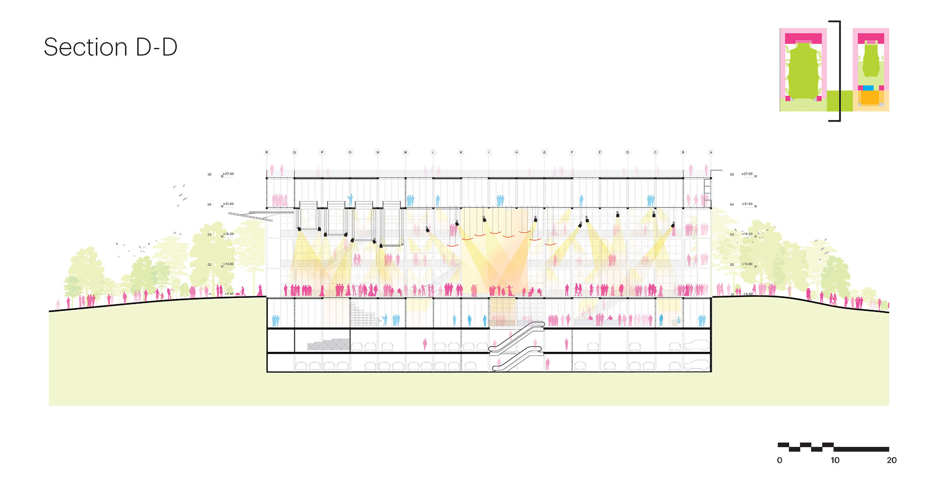 Short section: hall Southeast elevation Northwest elevation