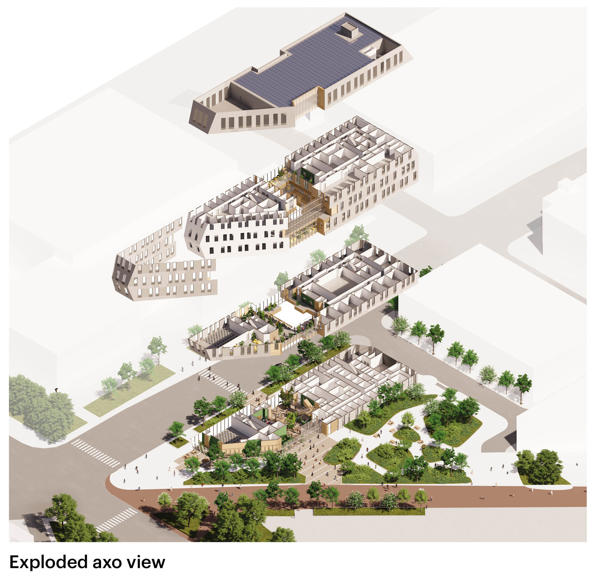 Exploded axo The healing atrium Flexible grid